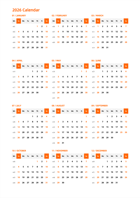 2026年日历表 英文版 纵向排版 周日开始 带周数 带节假日调休 日历模板(DF008-1845) - 日历表2026年日历打印下载